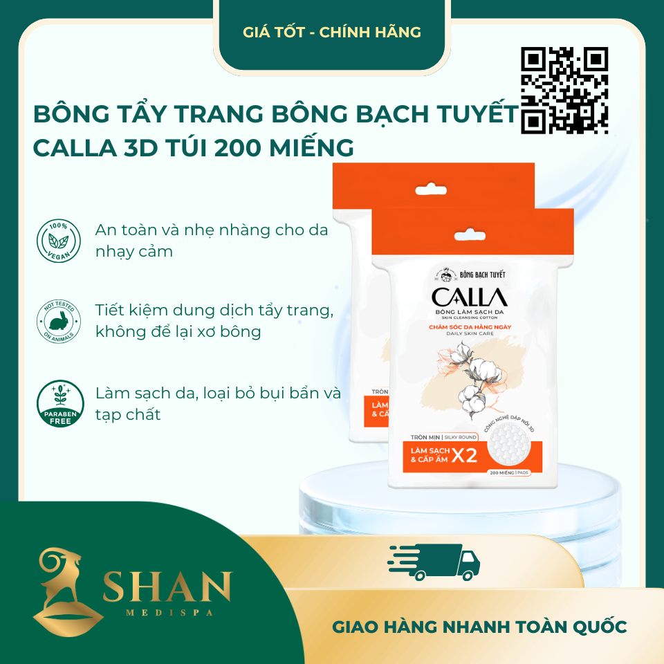 Bông Tẩy Trang Bông Bạch Tuyết Calla 3D Túi 200 Miếng - Mẫu Mới - Shan MediSpa